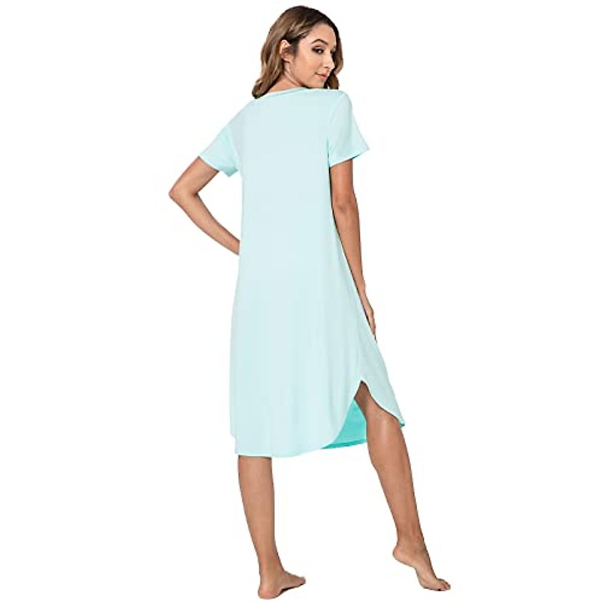 QUALFORT Womens Bamboo Nightgown Short Sleeve Sleepwear V Neck Loungewear Side Slit Soft Nighdress Aqua Green Medium
