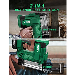 KIMO 18 Gauge Nail Gun Battery Powered w/ 2 X 2.0 Battery & Charger, 2 in 1 Cordless Brad Nailer/Electric Stapler, Adjustable Depth, 18GA Staples for Upholstery, Home Improvement & Woodworking