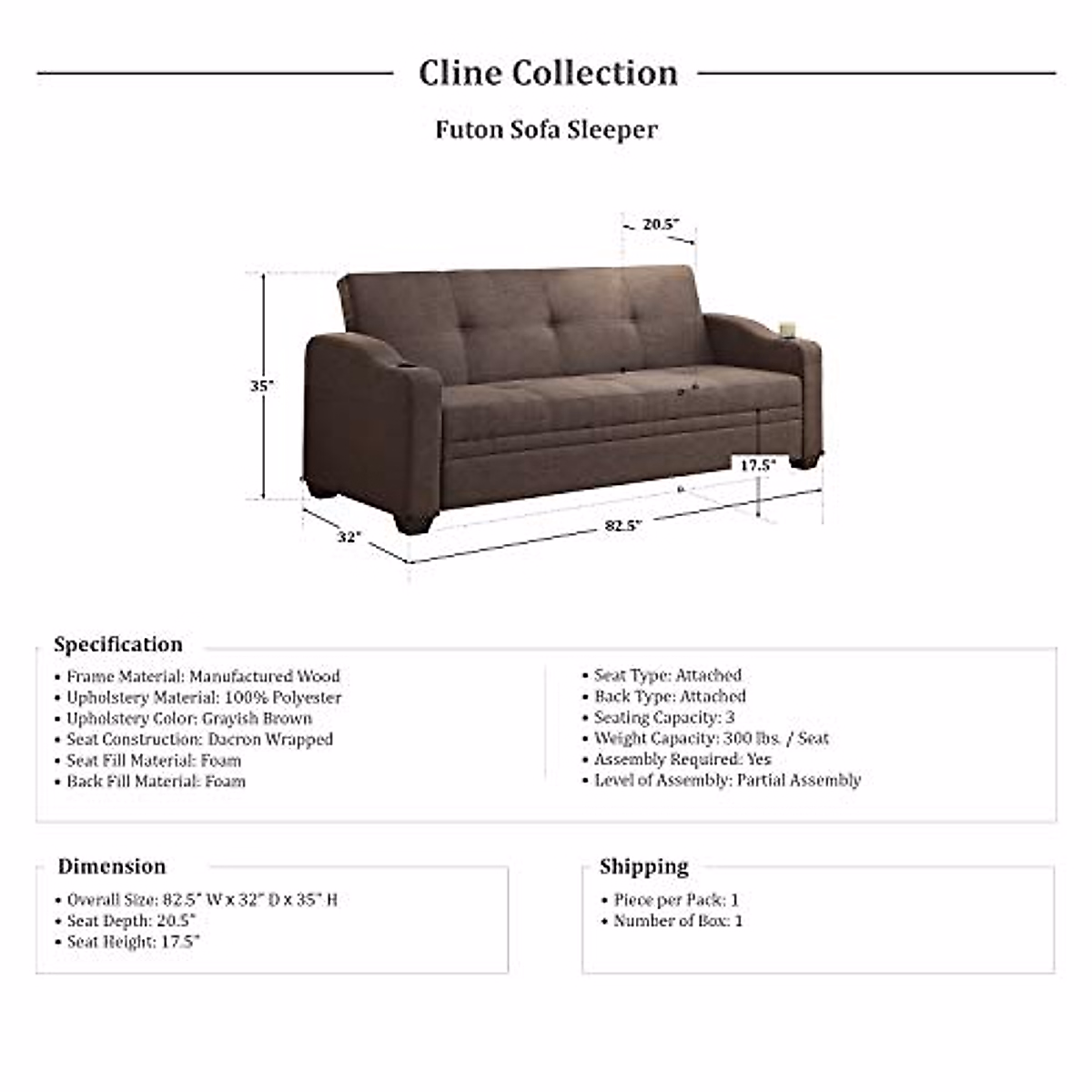 Lexicon Cline Futon Sofa Sleeper, Grayish Brown
