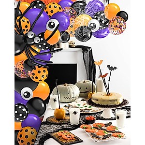 Gojmzo Halloween Balloon Garland Arch Kit, 5/10/12/18 Inch Confetti Purple Black and Orange Balloons with Spider Web, Halloween Decorations Indoor, Halloween Balloon for Party Decorations