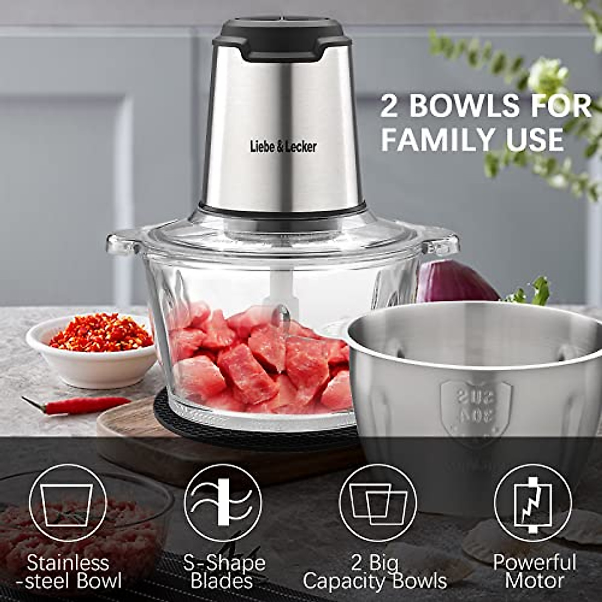 Liebe&Lecker Food Processor, Electric Food Chopper with 2 Bowls 8 Cup and 8 Cup, Meat Grinder with 4 Large Sharp Blades for Fruits, Meat, Vegetables, Baby Food, Nuts, 2 Speed, 350W