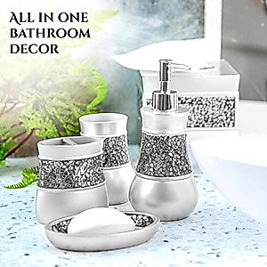Creative Scents Gray Bathroom Accessories Set - 4 Piece Bathroom Decor Set for Home, Bath Restroom Set Features Soap Dispenser, Toothbrush Holder, Tumbler, Soap Dish - Bling Silver Mosaic Glass