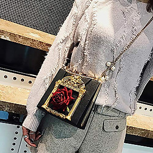 QZUnique Women's 3D Floral Embossed Clutch Evening Bag Bowknot Snaps Crossbody Purse Chain Baroque Shoulder Bag Black