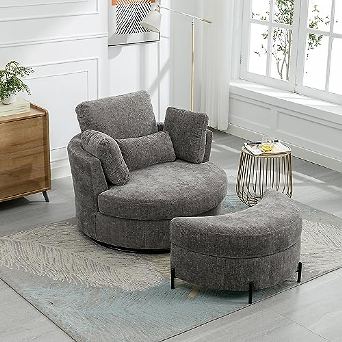 360° Swivel Accent Barrel Chair and Half Crescent Moon Storage Bench Large Ottoman with 4 Pillows,Upholstered Oversized Leisure Round Loveseat Recliner Sofa Chaise Lounge Circle Armchair for Club