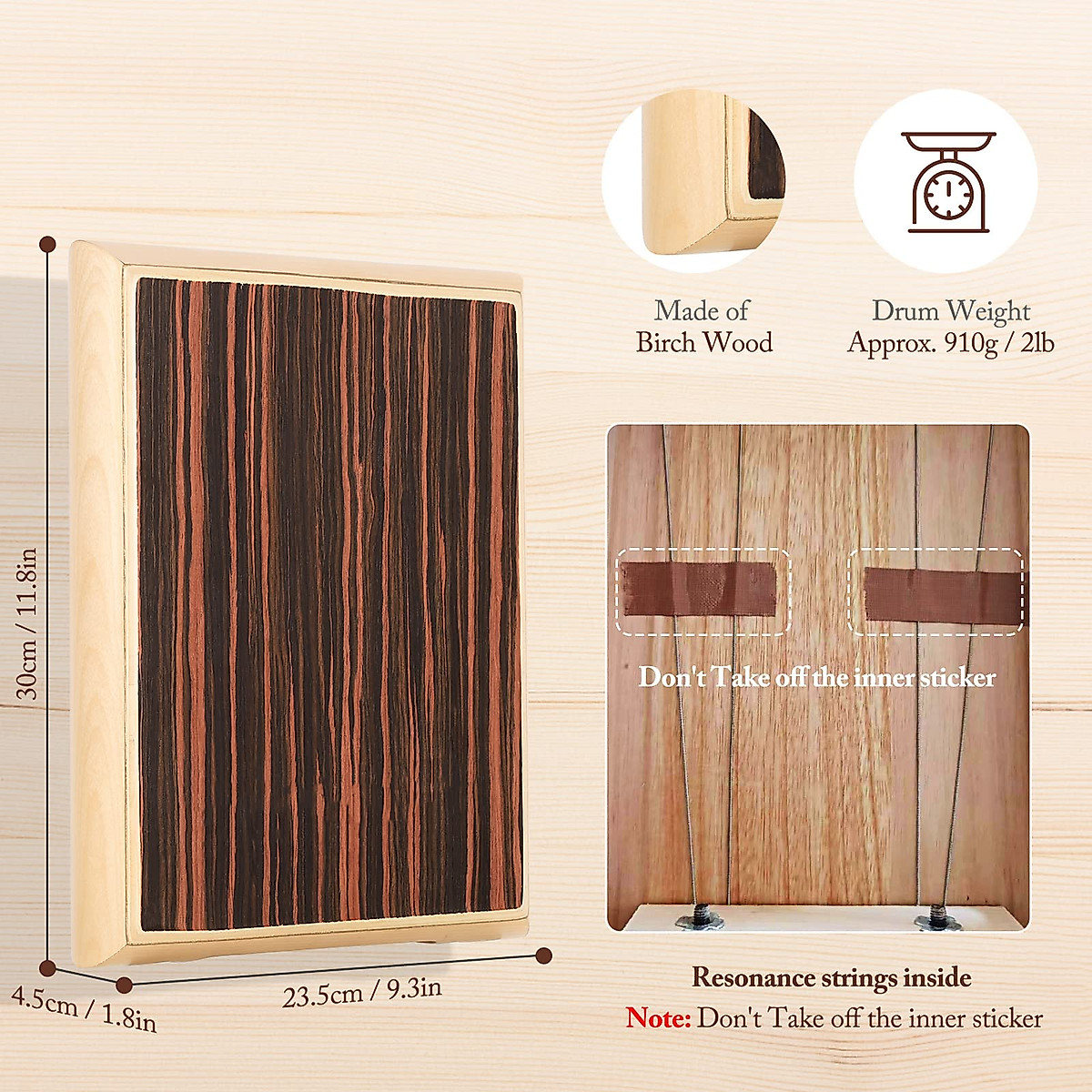 summina Compact Travel Box Drum Cajon Flat Hand Drum Percussion Instrument with Adjustable Strings Carrying Bag