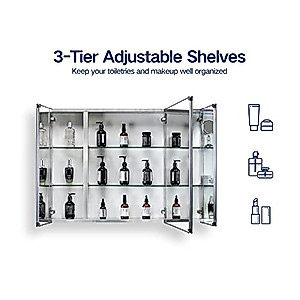 JimsMaison 36 in. W x 26 in. H Aluminum Bathroom Medicine Cabinet, Rectangle Recess or Surface Mount Medicine Cabinet with Adjustable Glass Shelves