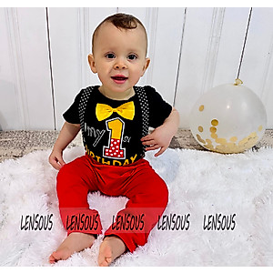 LENSOUS Baby Boys First Birthday Cake Smash Outfits Bowtie One Year Old Romper Pants Set（Red,18-24 Months）