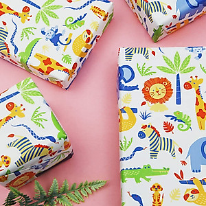 Wild Safari Zoo Jungles Animals Fun Wrapping Paper 4 Sheets for Kids Boys Girls, Adorable Gift Wrap for Birthday Baby Shower Children's Day Christmas, Folded Flat 20x30 Inches Per Sheet