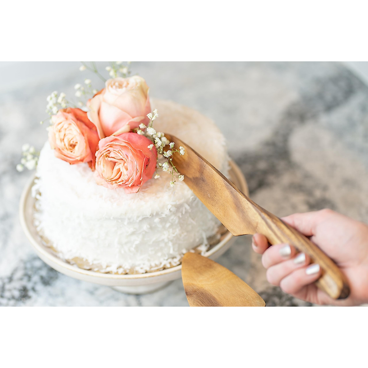 Teak Wood Cake Server and Knife Set - Cake Knife and Server Set - Cake Serving Set - Wooden Cake Server - Heavyweight & Light Toned with No Logo for Photoshoots, Wedding, Birthday, Gifts