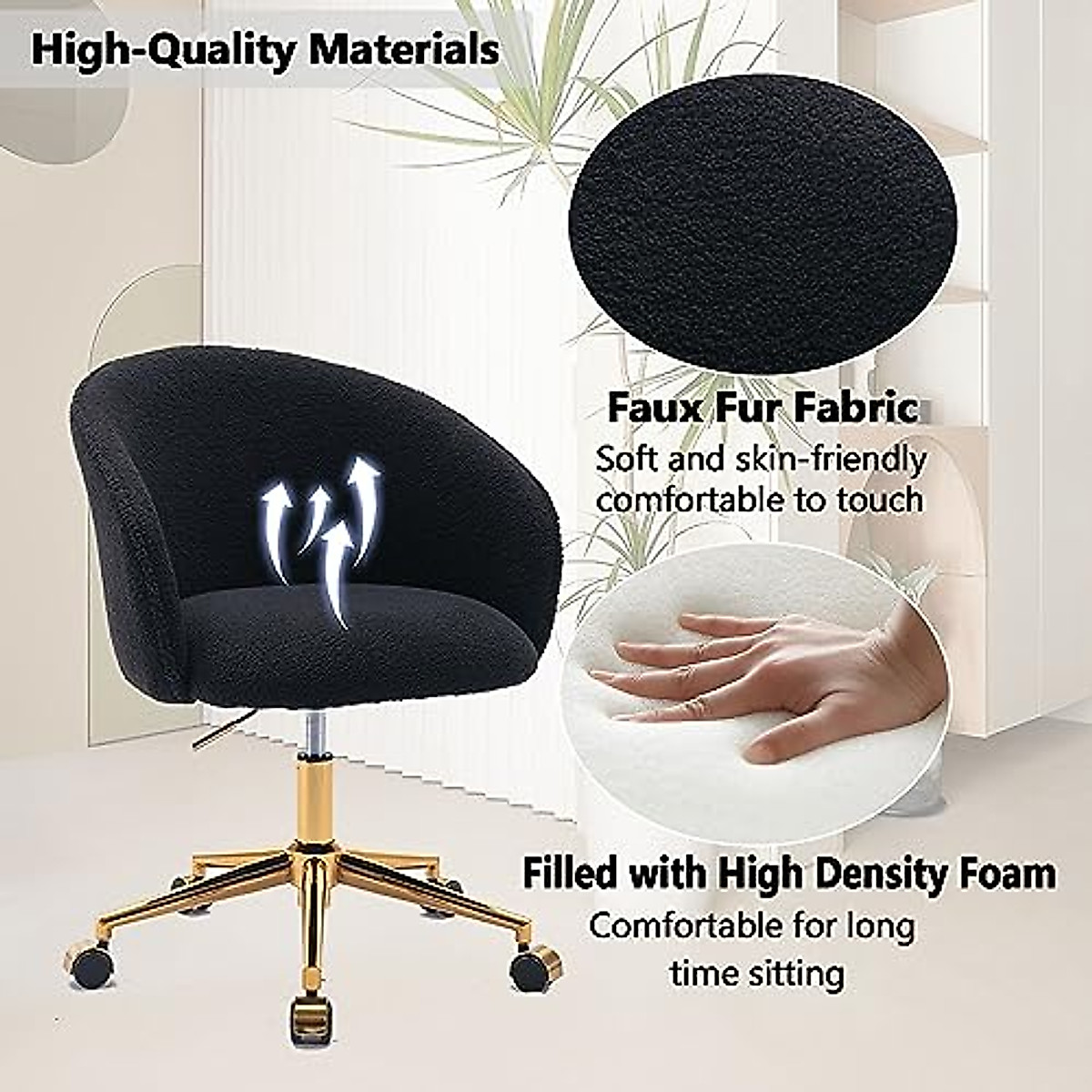HomVent Modern Faux Fur Home Office Chair, Furry Cute Desk Chair with Gold Metal Leg, Ergonomic Adjustable Swivel Desk Chair with Wheels, Makeup Vanity Chair for Girls Women Study Makeup Bedroom Black