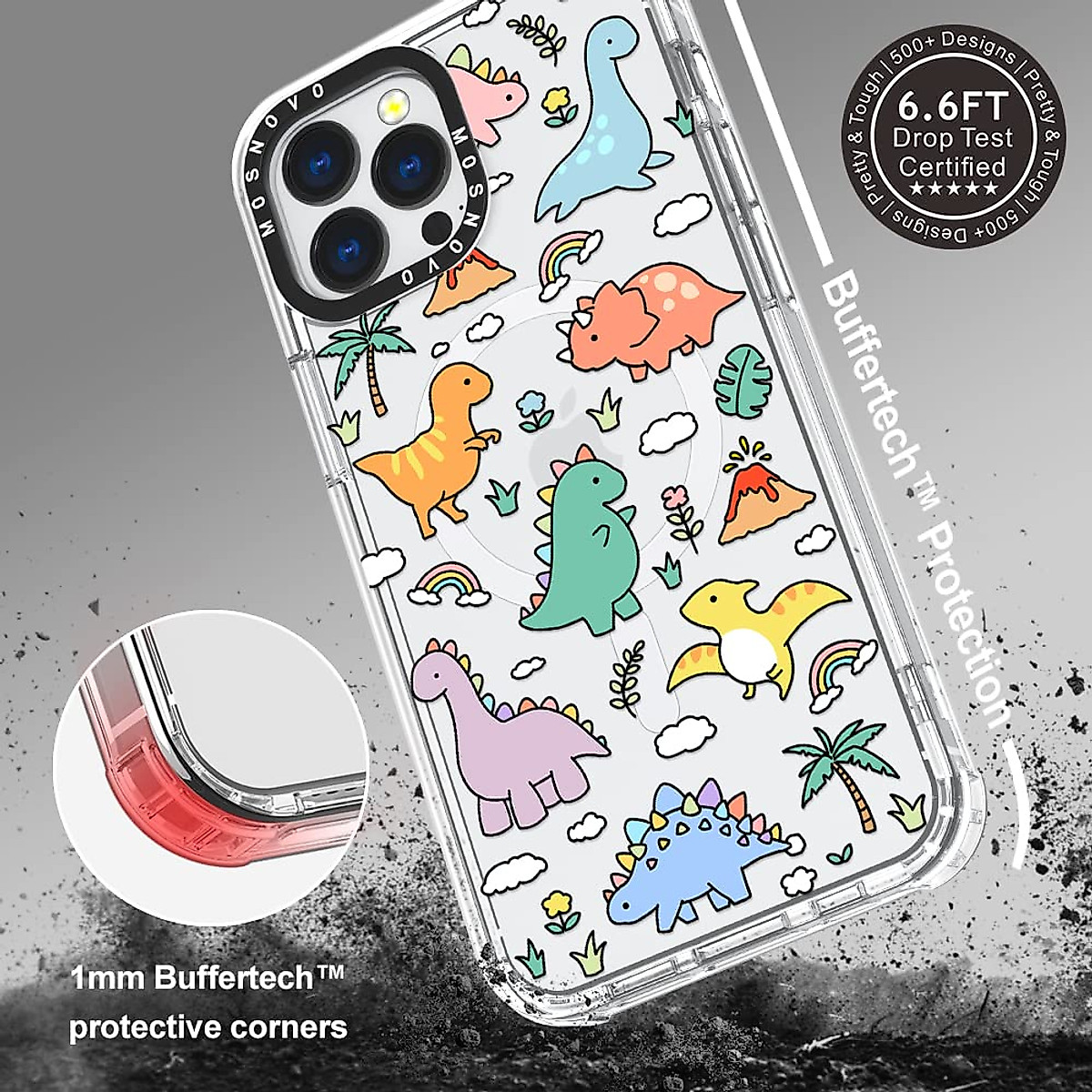 MOSNOVO Case for iPhone 13 Pro Max, [Compatible with Magsafe] [Buffertech 6.6ft Military-Grade Drop Protection] [Anti Peel Off Tech] Clear Phone Case Design - Dinosaur Land