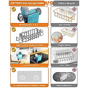 SWTYMIKI 5 in 1 Sponge Holder for Kitchen Sink, Stainless Steel Sink Caddy with Dishcloth Holder for Brush & Sponge in Sink Sponge Caddy with 2 Strong Adhesives in Silver
