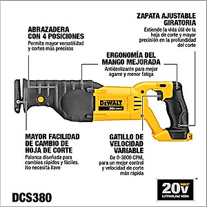 DEWALT 20V MAX Reciprocating Saw, 3,000 Strokes Per Minute, Variable Speed Trigger, Bare Tool Only (DCS380B)