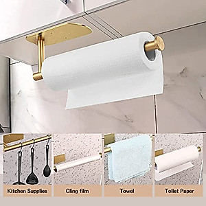 Paper Towel Holder Under Cabinet, Under Cabinet Black Paper Towel Rack,Both Available in Adhesive and Screws,SUS304 Stainless Steel Self-Adhesive Paper Towel Bar,for Kitchen, Pantry, Sink (Gold)