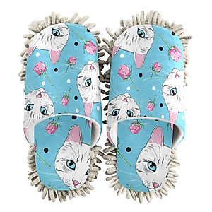 Roses Cat Mop Slippers Shoes Cover for Floor Cleaning Washable Dust Dirty Hair Cleaners Microfiber Mop Socks for Kitchen House Office