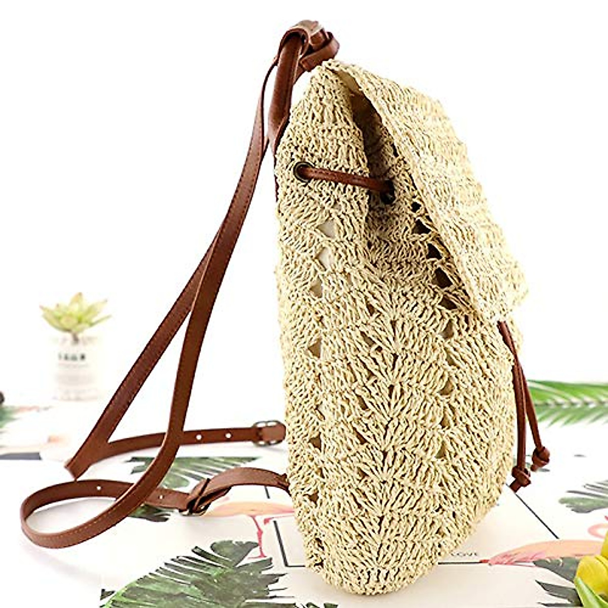 Lightweight Straw Crochet Backpack Hollow Out Drawstring Shoulders Bag for Women