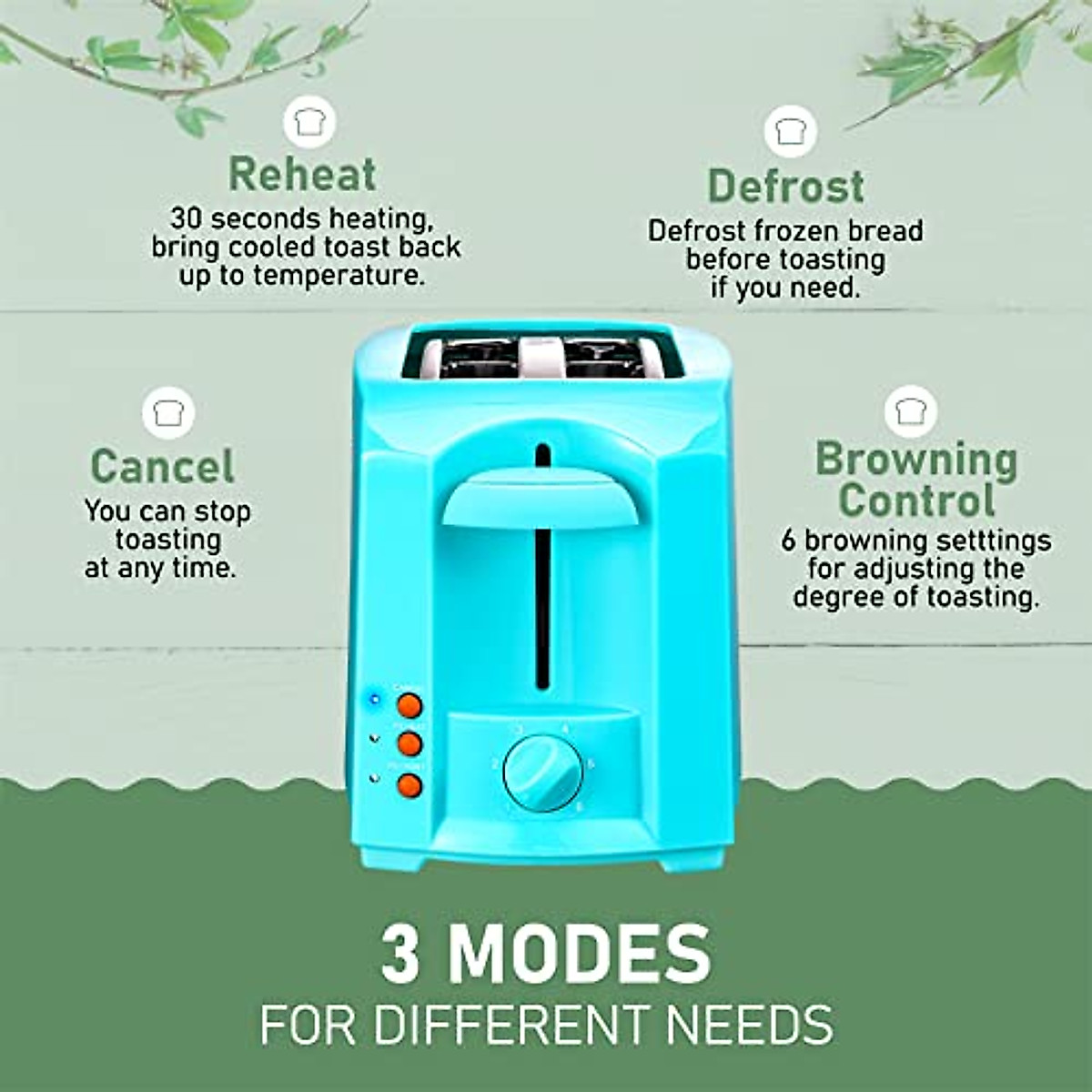 Toaster 2 Slice KOTIAN Compact Bread Toaster 6 Browning Settings,Cancel/Defrost/Reheat Function,Removable Crumb Tray,Turquoise Green,800W