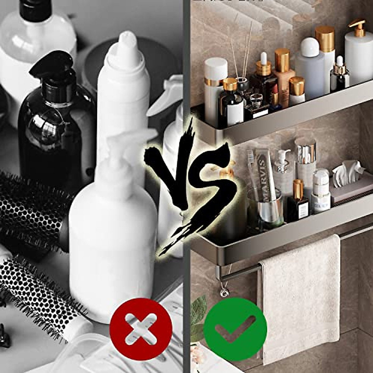 Wallesun Shower Caddy, 2-Pack Adhesive Shower Wall Caddy With Hook, Shower Organizer With Towel Bar, Adhesive Wall Shelf For Bathroom, Shampoo Holder for Shower