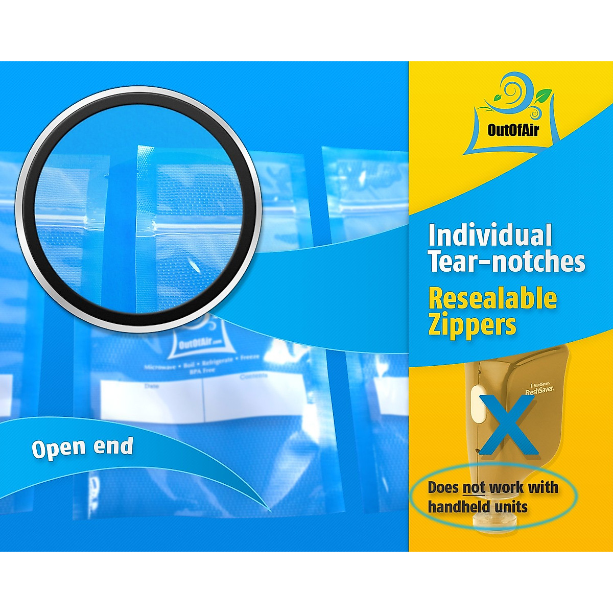 50 Zipper Vacuum Sealer Bags: Quart Size (8" x 12") - OutOfAir Vacuum Seal Zip Bags, Works with FoodSaver & Other Savers, 33% Thicker BPA Free Commercial Grade Great for Snacks On The Go