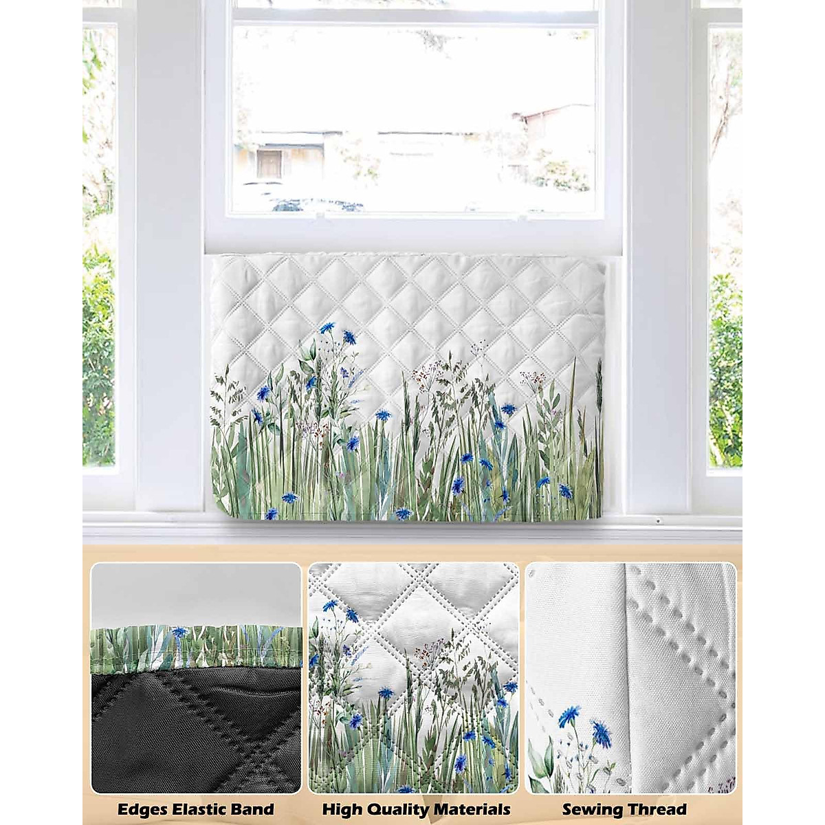 Leaves Plants Indoor Air Conditioner Cover for Window Units, Double Insulation Adjustable Waterproof Indoor AC Cover with Elastic Straps Wildflower Botanical Flower Blue Green 25'' x 18'' x 3.5''
