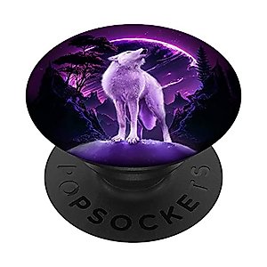 White Wolves Howling At Moon Northern Lights Pretty Wolf PopSockets Swappable PopGrip