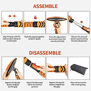 Mionyl 3in1 Car Snow Ice Scraper and Brush for Car SUV Trucks, 1x Heavy Duty 43” Extendable Snow Cleaning Brush Squeegee Broom, 1x Scratch Free Ice Snow Scraper for Car Windshield, 1x Ice Snow Shovel