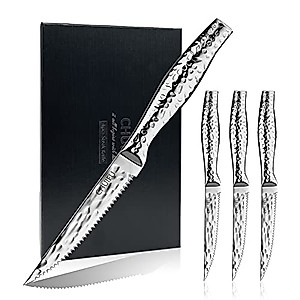 CHUIFU Steak Knives, Steak Knives Set of 4, 4.5 Inch Stainless Steel Serrated Steak Knife, Hammered Pattern Hollowed Handle, Steak Knife Set with Gift Box