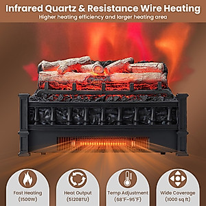 Tangkula 20” Electric Fireplace Log Set Heater with Adjustable Temp, Overheating Protection, Realistic Birch Wood Ember Bed, Infrared Quartz Electric Fireplace Insert for Home & Office Decor, 1500W