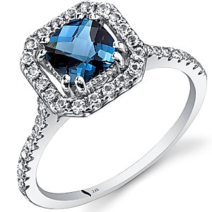 PEORA London Blue Topaz Ring for Women 14K White Gold with White Topaz, Genuine Gemstone Birthstone, 1 Carat Cushion Cut 6mm, Halo Design, Size 8