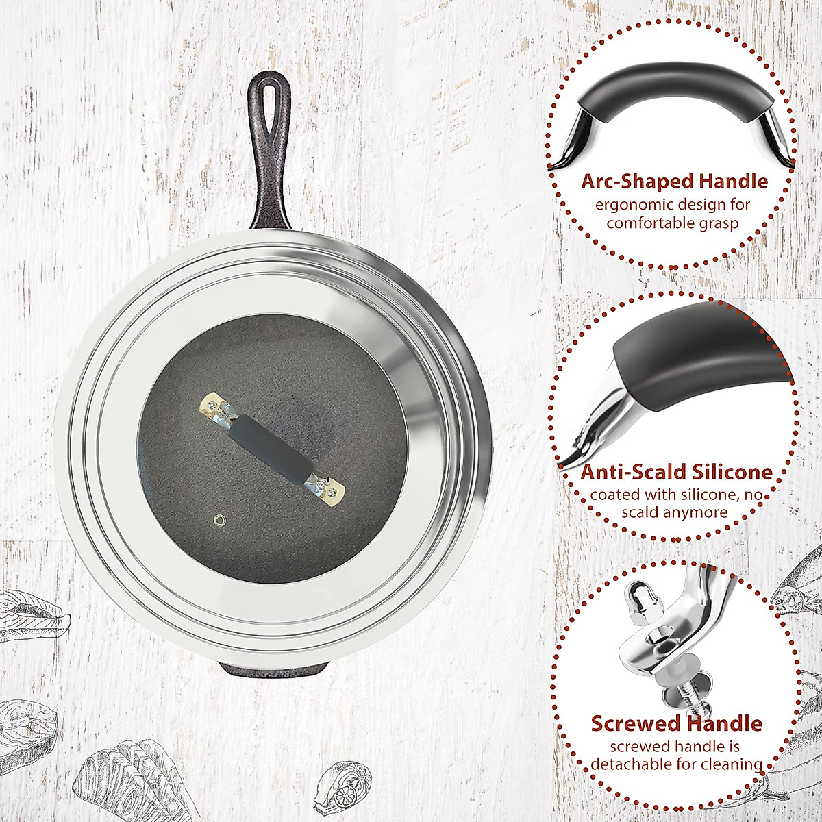 WishDirect 15 Inch Large Universal Pans Pots Lid Cover Fits 11/12/13/14/15" Frying Pans/Pots/Woks, Stainless Steel and Tempered Glass Lid with Vent Hole and Heat Resistant Handle