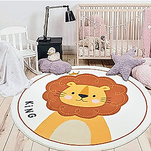 ABREEZE Faux Wool Kids Play Mat 4ft,Animal Round Area Rug Kids Nursery Door Mat Soft Plush Non-Slip Childrens Carpet for Bedroom Living Room Kids Playroom,Lion