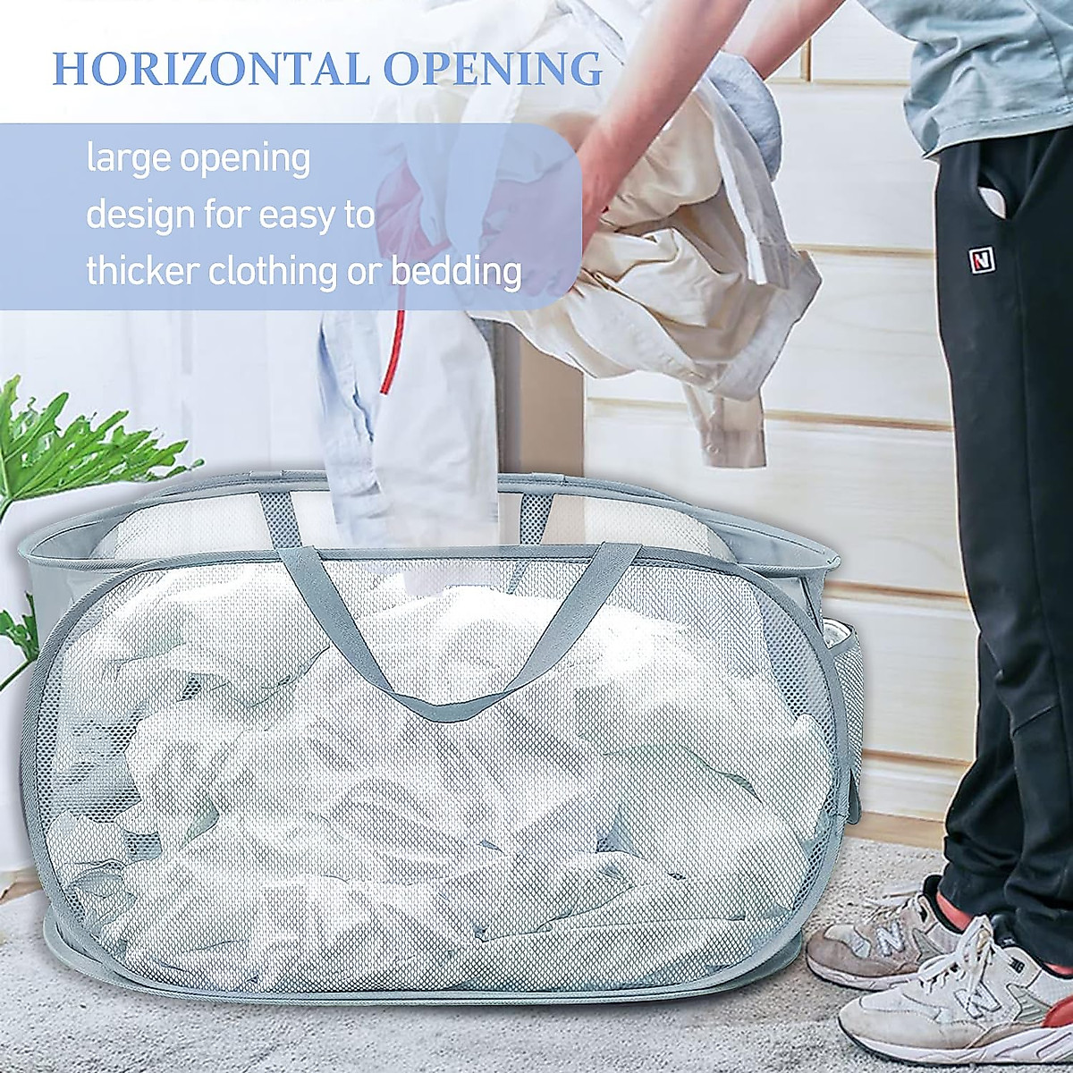 Hotipine 2PCS Mesh Laundry Hamper,Collapsible Laundry Baskets,75L Large Foldable Dirty Laundry Clothes Hamper Storage Basket Horizontal with Side Pocket&carry Handle for Home Travel grey Emerald