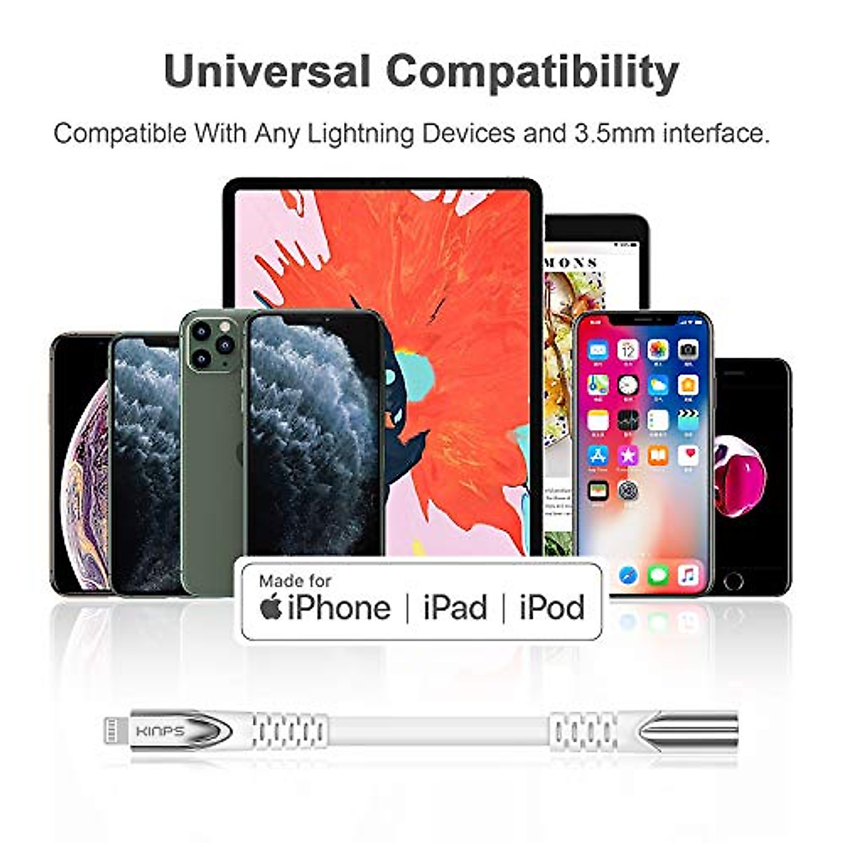 KINPS [MFI Certified Lightning to 3.5 mm Headphone Jack Adapter Compatible with iPhone 12/11 Pro Max/11 Pro/11/XS Max/XS/XR/X/8 Plus, iPad,(White)