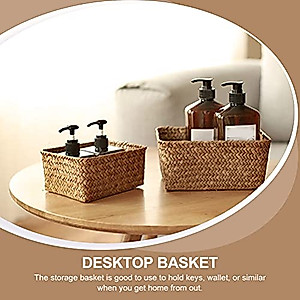 Seagrass Woven Basket, Small Storage Basket Rectangular Organizer Tray Decorative Shelf Basket Weave Sundries Container Desktop Basket for Makeup, Clothes, Toys, Stationery (M)