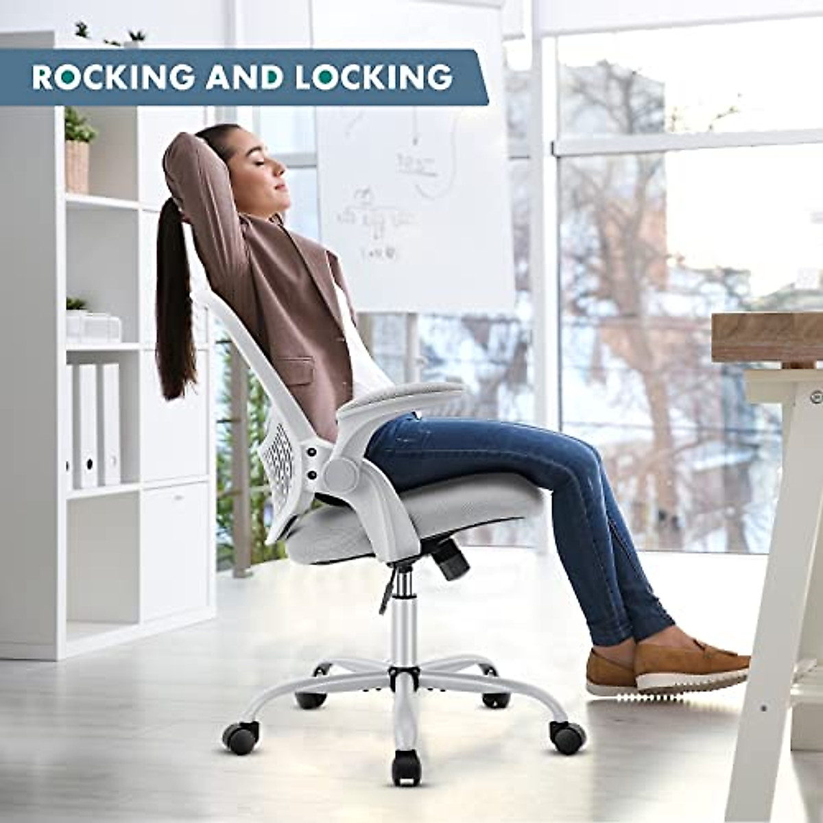 Office Chair, Desk Chairs Mesh Computer Desk Chair with Wheels Ergonomic Office Chair Height Adjustable Swivel Task Chair with Mid Back, 90° Flip-up Arms and Lumbar Support, Grey