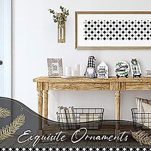 10 Pieces Farmhouse Decor for Tiered Tray, Black White Buffalo Plaid Wooden Mini Sign Rustic Ornaments with String Lights for Kitchen Table Decoration, Housewarming Gift(Gnome Style)