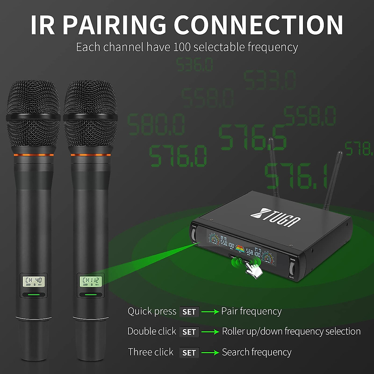 XTUGA U-260 2x100 Channel UHF Wireless Microphone System,Dual Wireless Mics Dynamic Handheld Microphone Adjustable Frequency, Auto Scan, 492ft for Church/Karaoke/Weddings/Events