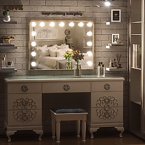 Keonjinn Gold Vanity Mirror with Lights, 15 Replaceable Bulbs Hollywood Makeup Mirror with 2 Replacement Bulbs, 3 Color Lights, Aluminum Metal Frame, USB Charging Port, 23" x 18" Large Lighted Mirror