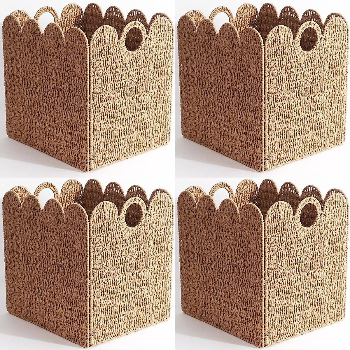 Scalloped Wicker Storage Cubes Basket, 12x12 Heavy Duty Hyacinth Baskets for Shelves, Foldable Natural Boho Square Bins (Renewable Paper Rope 4Pcs, 12x12in)