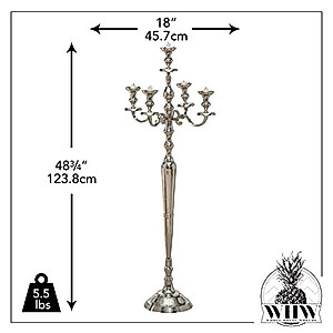 WHW Whole House Worlds Hamptons Tall Five Candle Silver Candelabra, Hand Crafted of Silver Aluminum Nickel, 4 FT High (48.75 Inches)