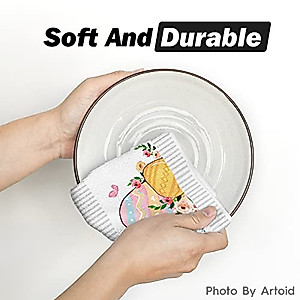 Artoid Mode Stripes Beige Bunny Rabbit Eggs Easter Kitchen Towels Dish Towels, 18x26 Inch Seasonal Spring Flowers Leaves Holiday Decoration Hand Towels Set of 2