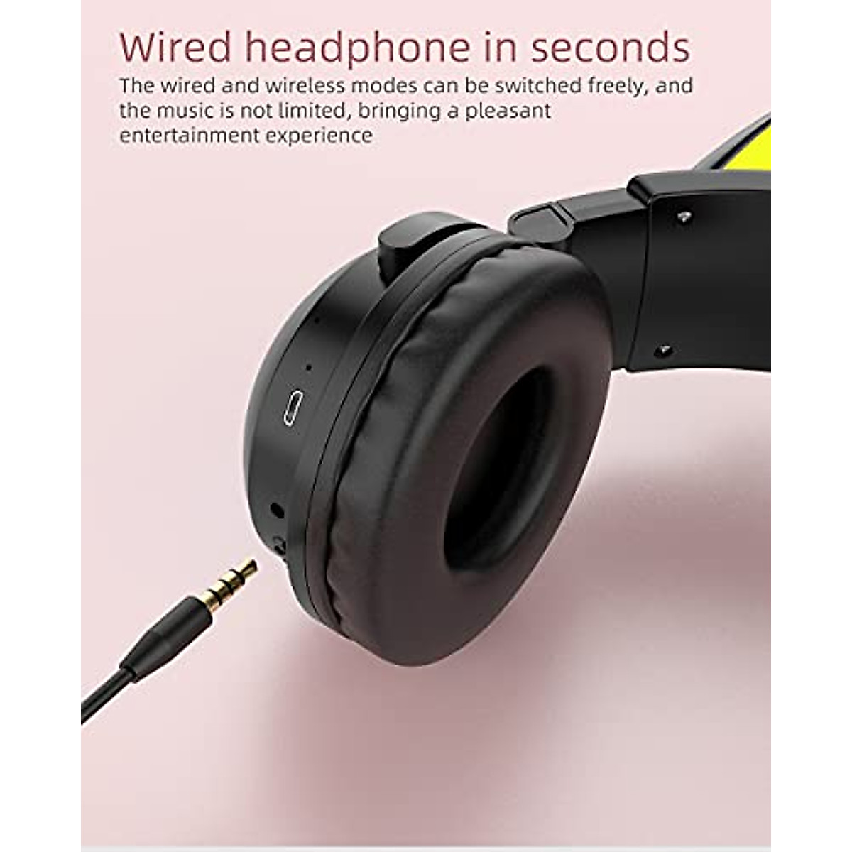 kuayang Wireless Cat Ear Headphones (7 Color Changing) with & 3.5mm Jack, Gaming Pro, Bluetooth&Wired Connection (Pink)