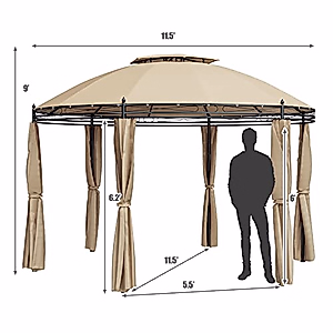 Tangkula 11.5x11.5 ft Round Patio Gazebo, 2-Tier Dome Gazebo with Removable Side Curtains, Heavy Duty Steel Frame, Outdoor Gazebo Pavilion for Backyard, Deck, Poolside, Garden (Brown)