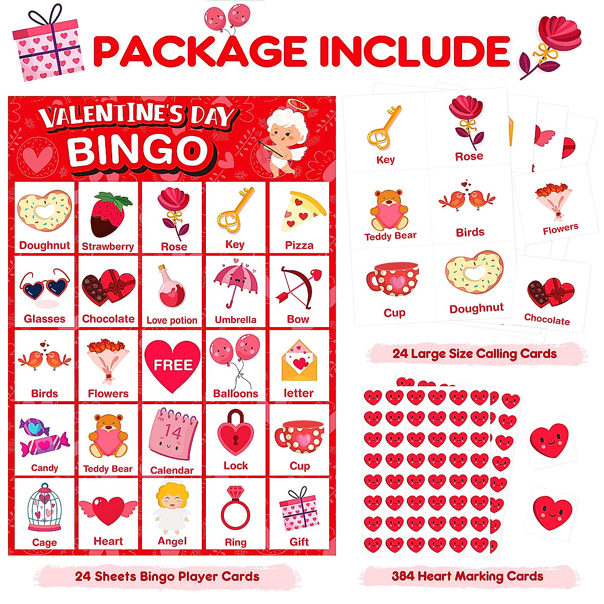 Valentines Day Large Size Bingo Game Card for Kids/Adults, 24 Players - Valentine Game for Family/School Classroom/Large Group, Valentine Party Favor for Boy/Girl