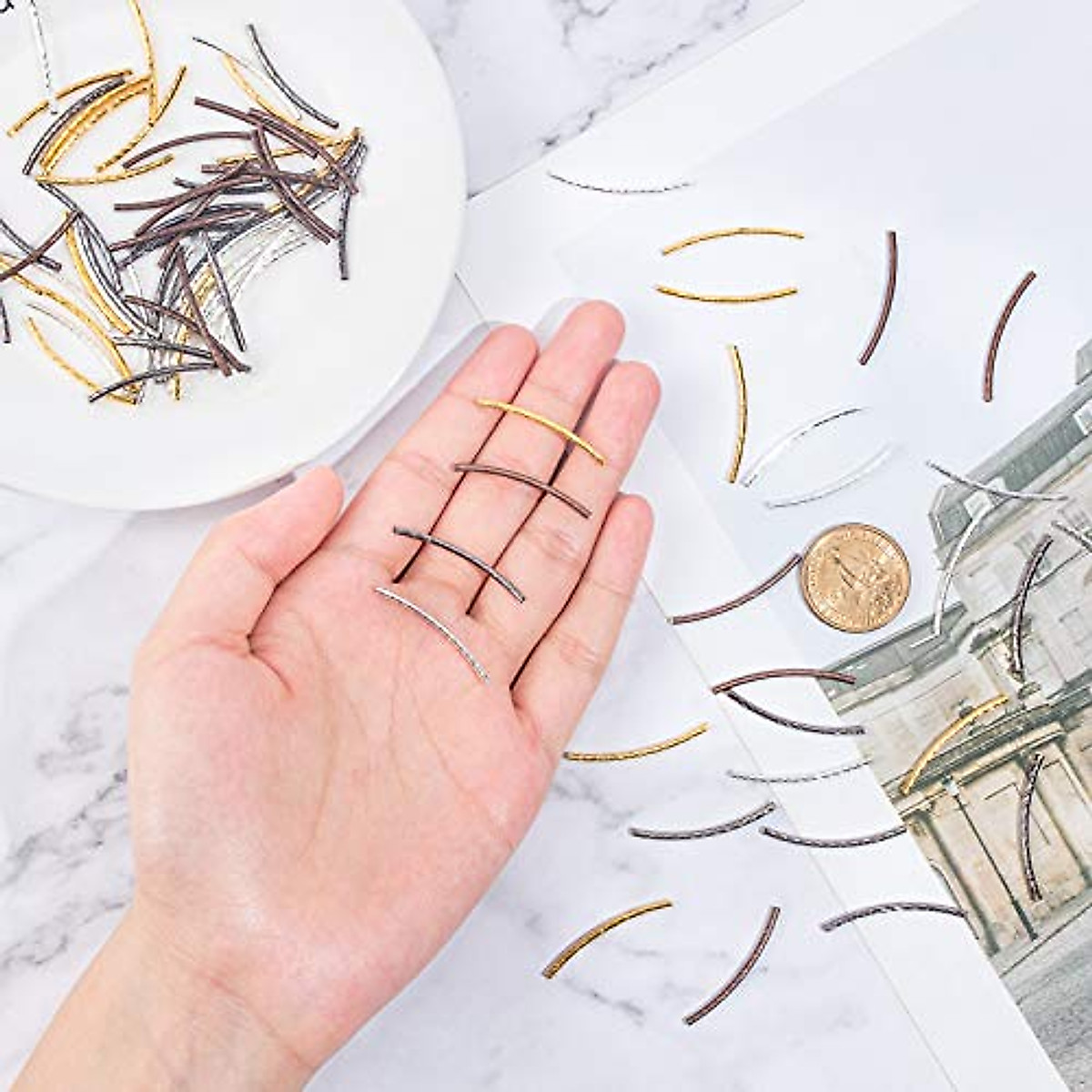 PH PandaHall 240pcs 4 Colors Curved Noodle Tube Beads 35mm Sleek Twist Curved Long Tube Spacer Beads for DIY Wrist Bracelet Anklet Necklace Earring Jewelry Making