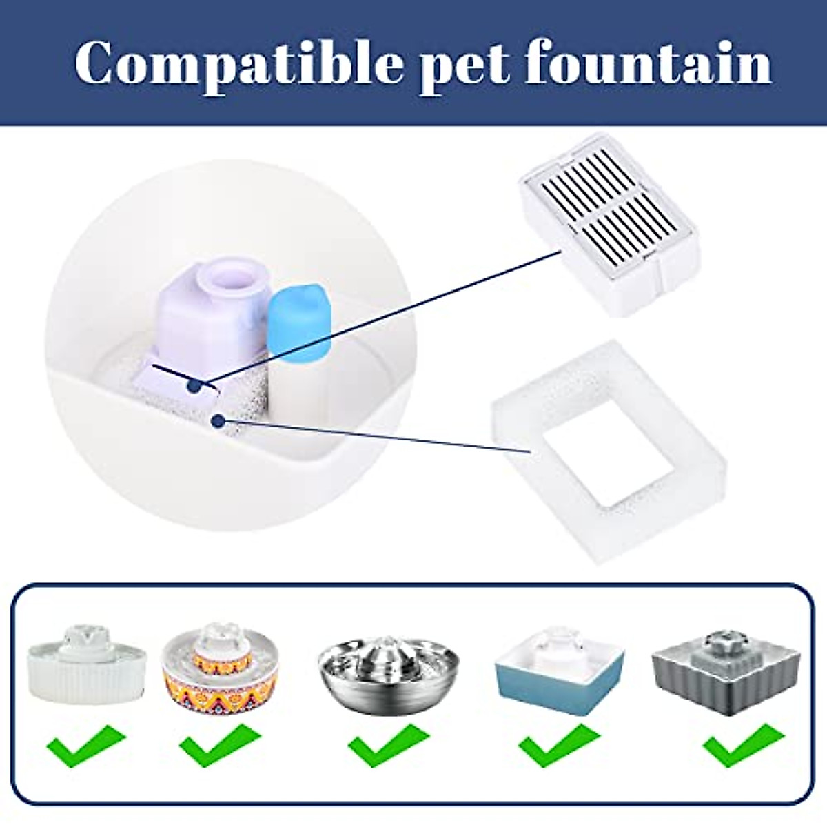 pet k9 Pet Fountain Replacement Filter-8 Activated Carbon Filters, 2 Foam Filters, Compatible with Ceramic and Stainless Steel Fountain, White