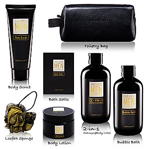 YARD HOUSE Bath and Body Spa Gift Baskets Set for Men - Sandalwood Amber - 7Pc Spa Kit w. Full Size Items in Leather Toiletry Bag - Christmas Holiday Gifts for Him, Birthday, Fathers Day Gifts Idea