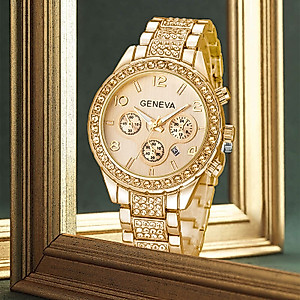 FANMIS Unisex Luxury Pave Floating Crystal Diamonds Calendar Quartz Watch with Stainless Steel Link Bracelet (B Gold)