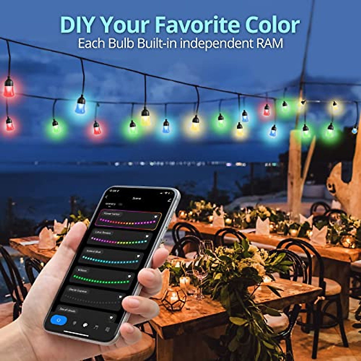 comtifyer Smart Outdoor String Lights, 32ft RGB Patio Lights with 12 Dimmable LED Bulbs, IP65 Waterproof, WiFi APP Control LED String Light for Backyard, Garden, Party