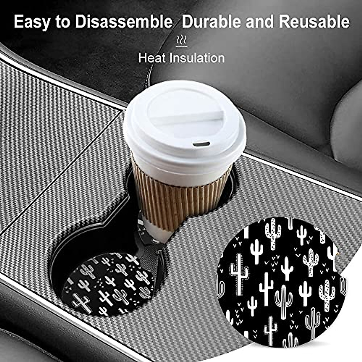 Abstract Ceramic Cup Holders Car Coasters for Women/Men,Absorbent Drink Cup Car Holder Coasters with A Finger Notch 2.56" Pack of 2,Fun Western Cactus Black White Monochromatic Arizona Botanical